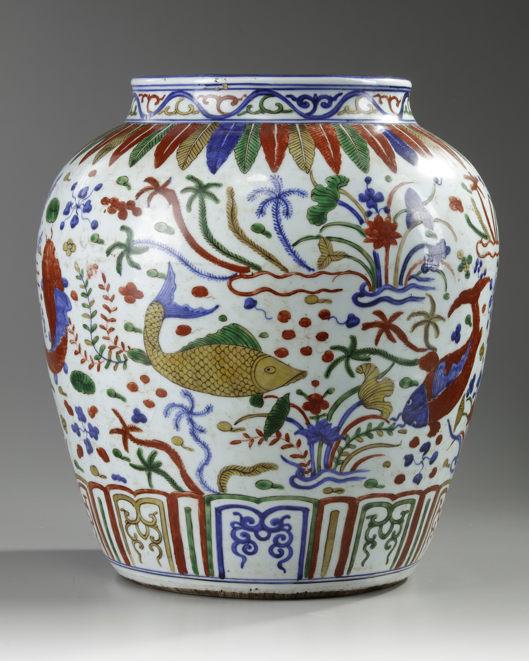A Chinese Ming-style wucai 'fish' jar, guan