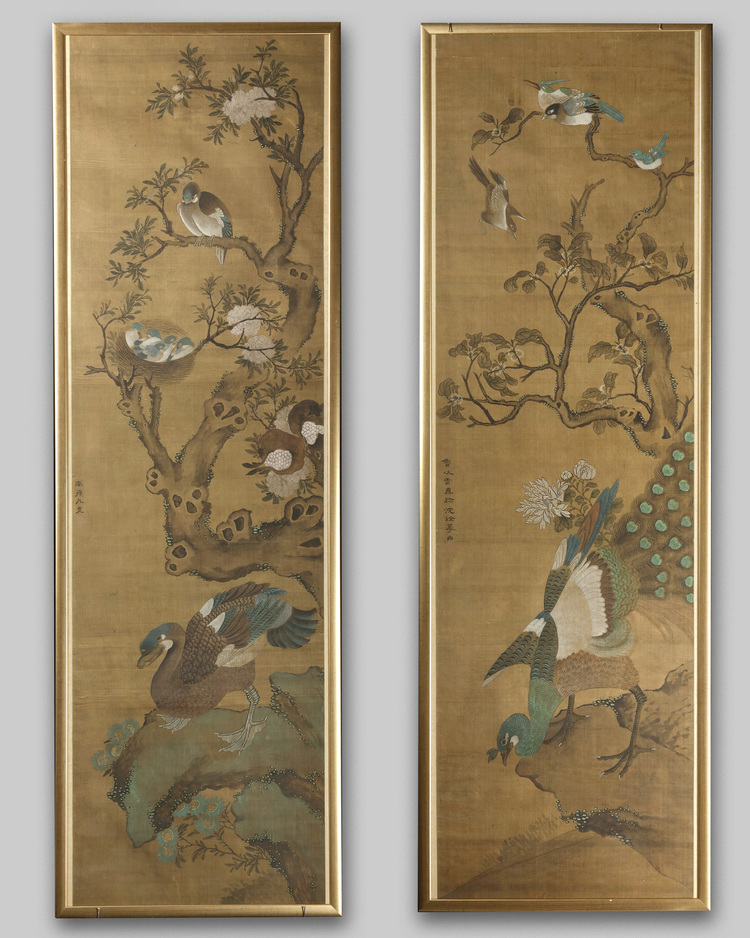 A pair of Chinese silk painting with various birds