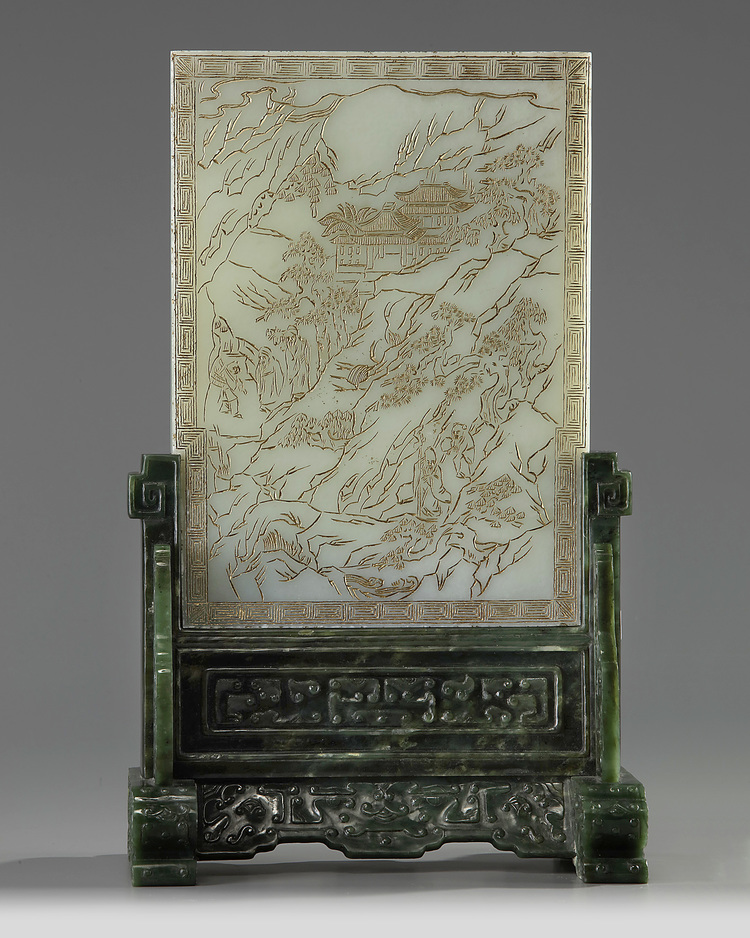 A CHINESE PALE CELADON JADE TABLE SCREEN ON A SPINACH JADE STAND
