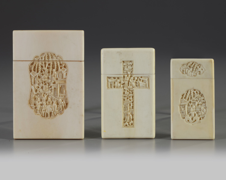 A group of three Cantonese carved ivory card cases