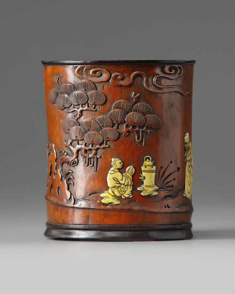 A CHINESE BONE-INLAID BAMBOO BRUSH POT, BITONG