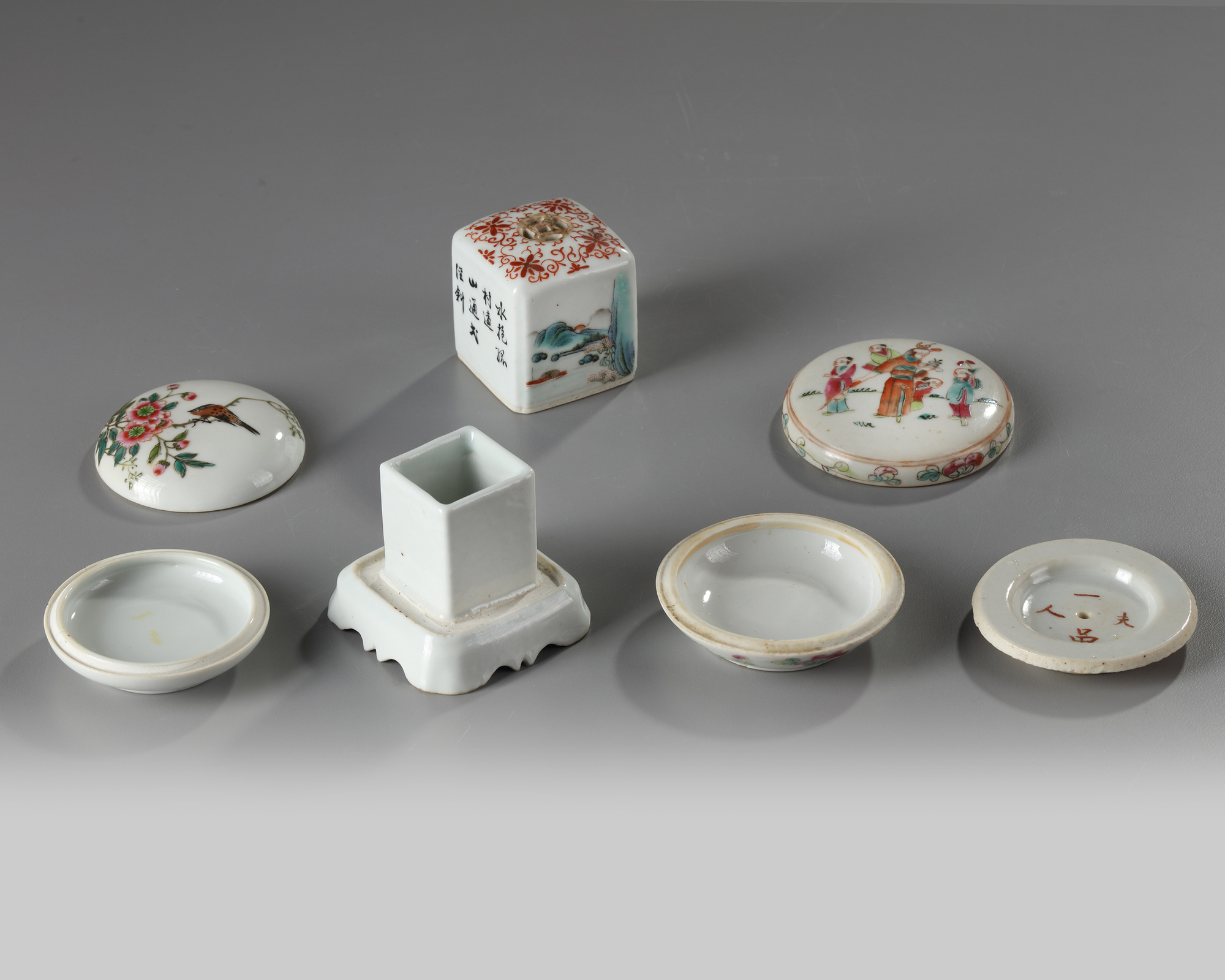 A Chinese porcelain seal box and two seal paste boxes