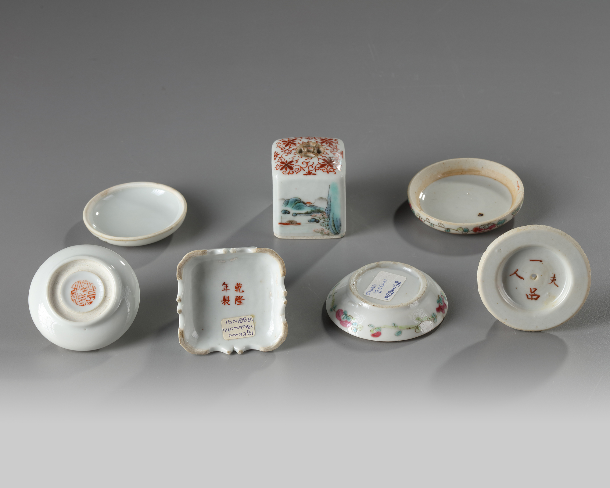 A Chinese porcelain seal box and two seal paste boxes