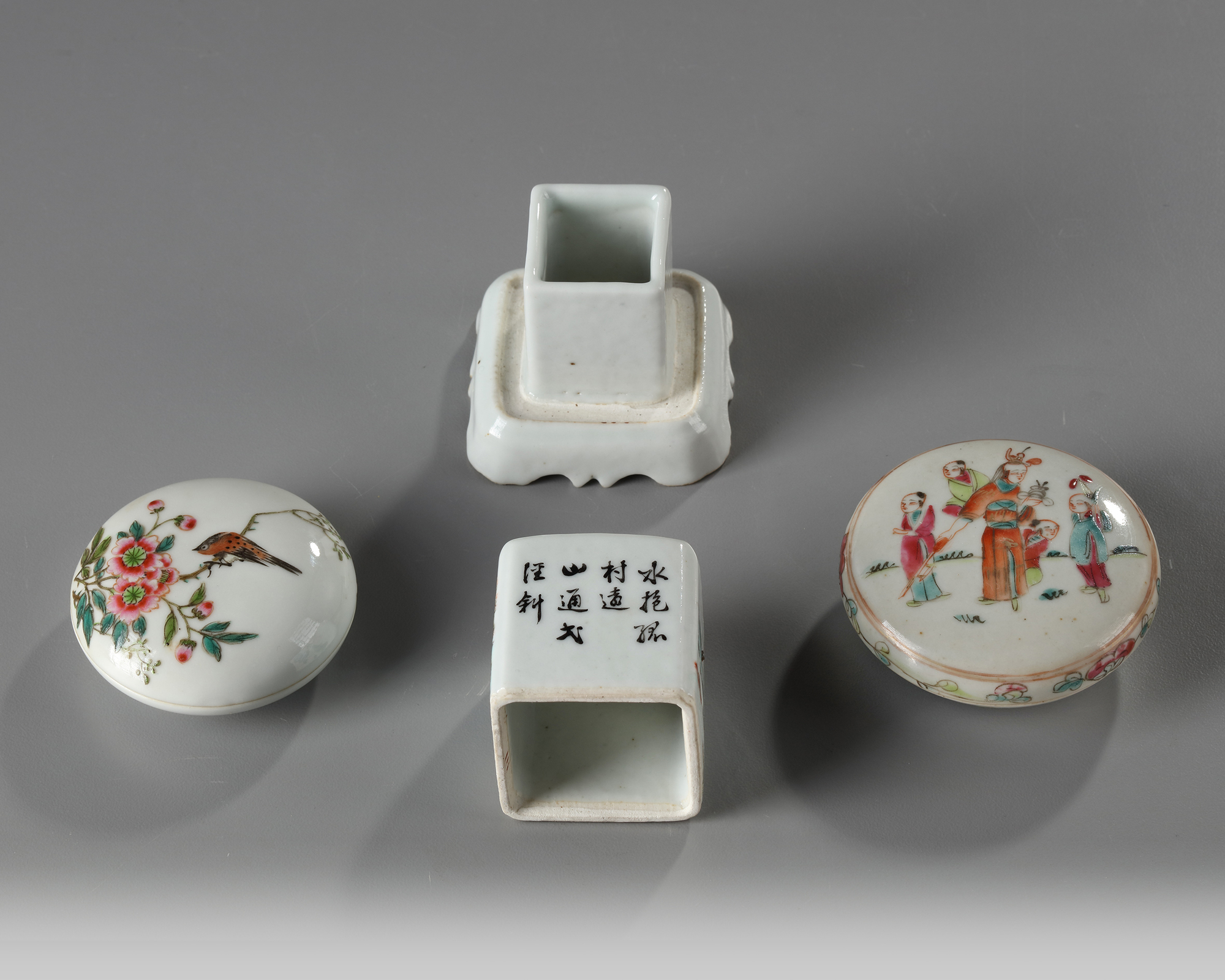 A Chinese porcelain seal box and two seal paste boxes