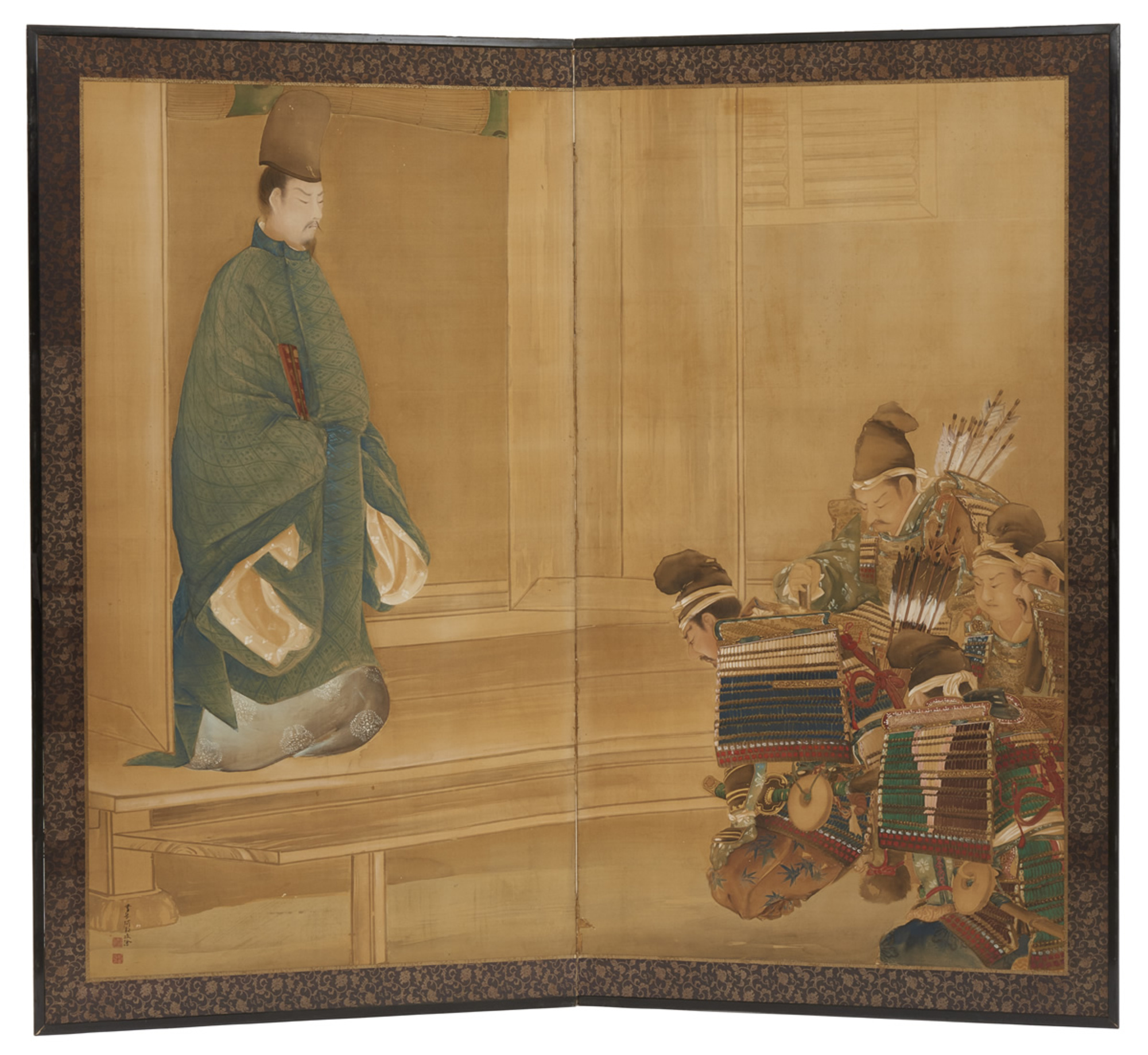 A Japanese two panel byobu-screen of three samurai