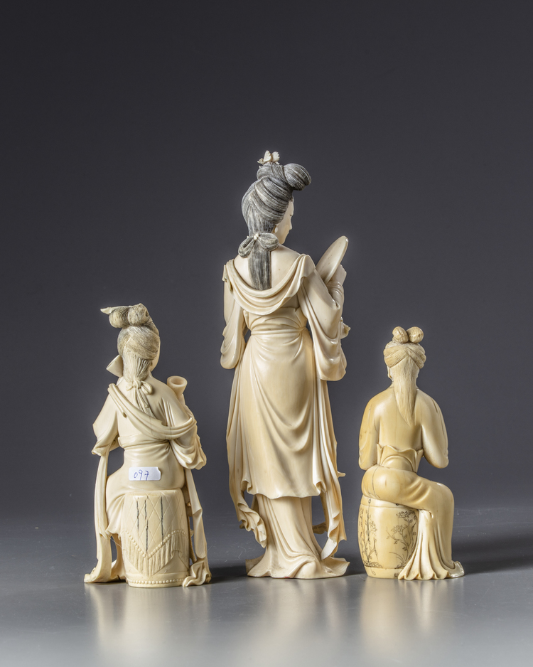 Three Chinese ivory carvings of a lady
