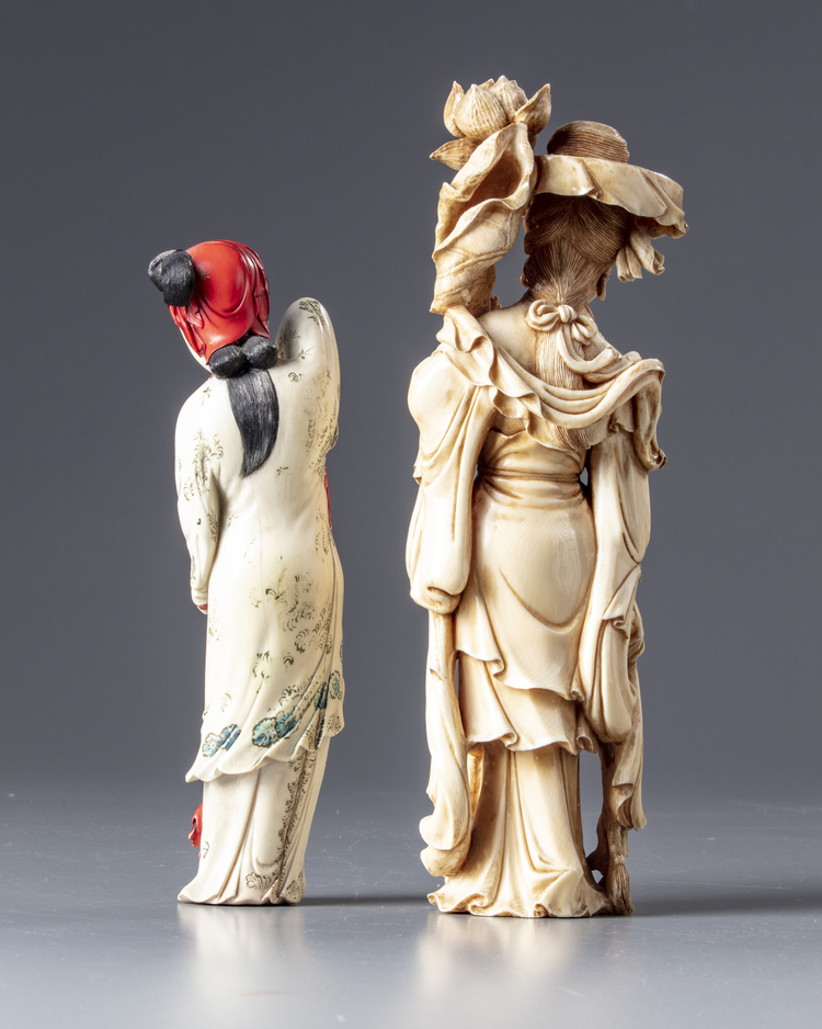 Two Chinese ivory carvings of a lady and a maiden