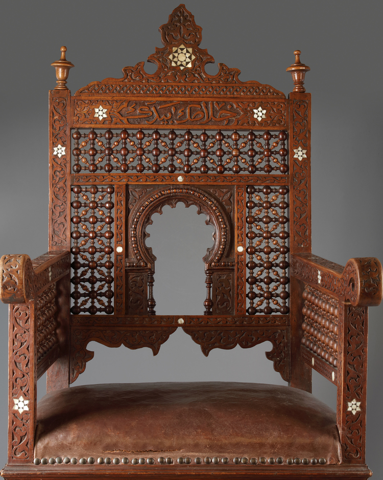FOUR SYRIAN MOTHER-OF-PEARL INLAID WOODEN CHAIRS AND TABLE, SYRIA ...