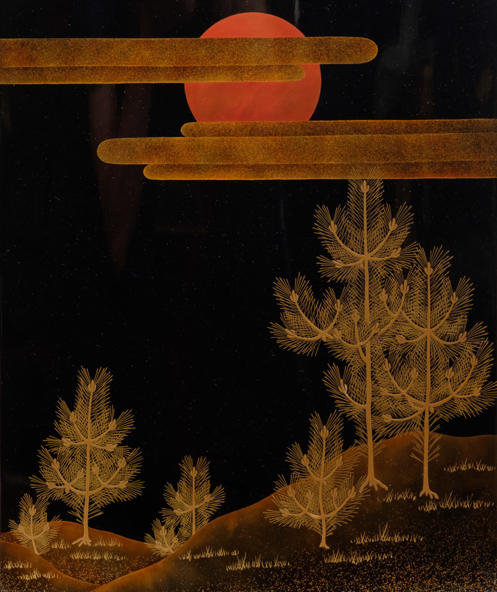 Black lacquered rectangular box on feet with a slightly bent lid.