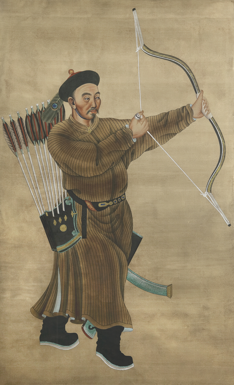 A LARGE CHINESE PAINTING OF A MANCHU ARCHER, 19TH CENTURY