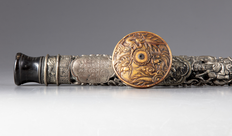 A CHINESE BONE AND SILVER PLATED CARVED OPIUM PIPE, 20TH CENTURY