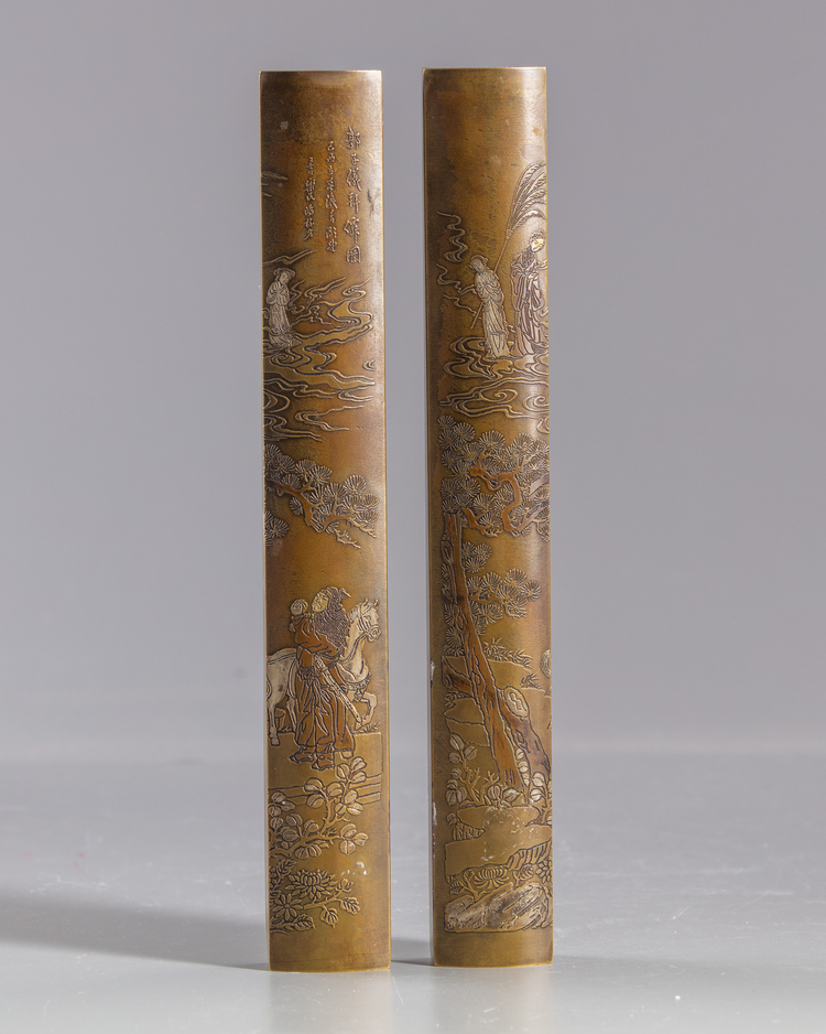 TWO CHINESE COPPER SCROLLS WEIGHTS, 20TH CENTURY
