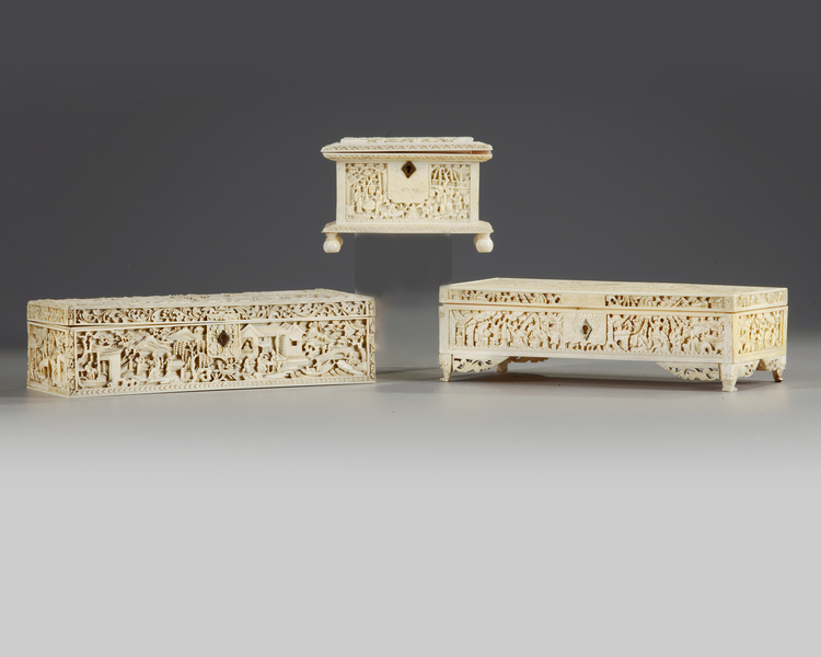 A group of three Cantonese carved ivory boxes