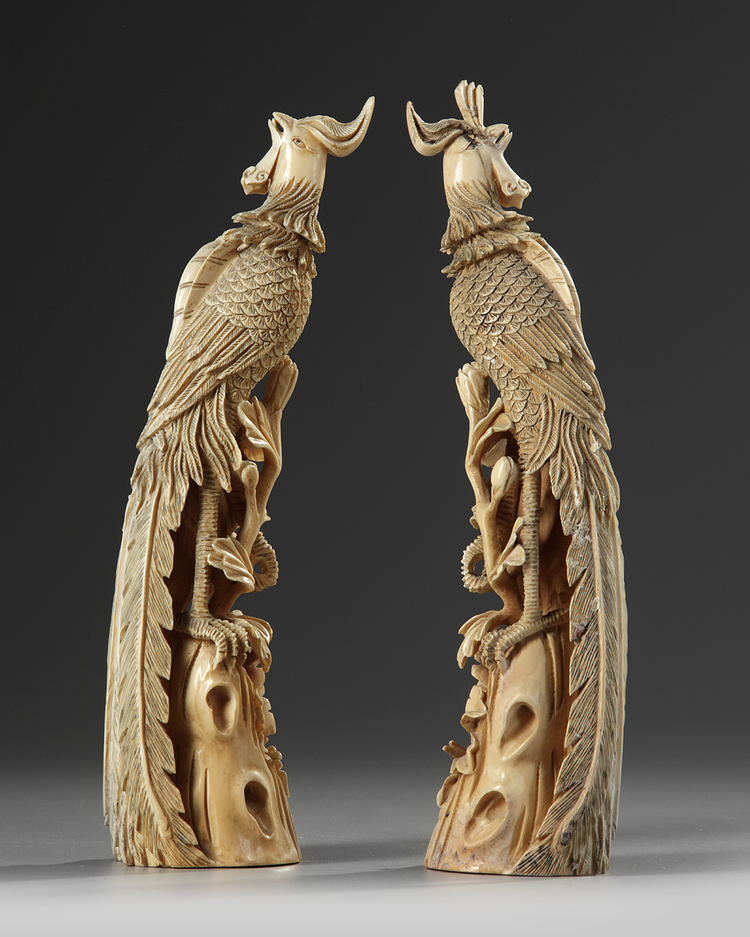 A PAIR OF CHINESE IVORY PHOENIX