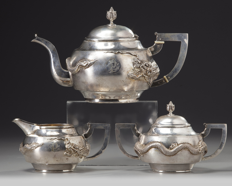 A Chinese export silver three-piece tea set