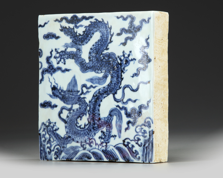 A Chinese blue and white square 'dragon' tile