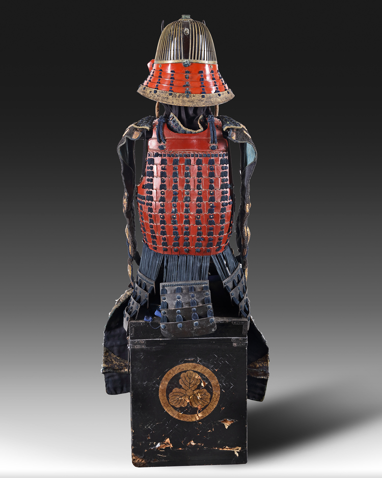 A JAPANESE DARK RED LACQUERED SUIT-OF-ARMOUR YOROI WITH DARK BLUE CORDS