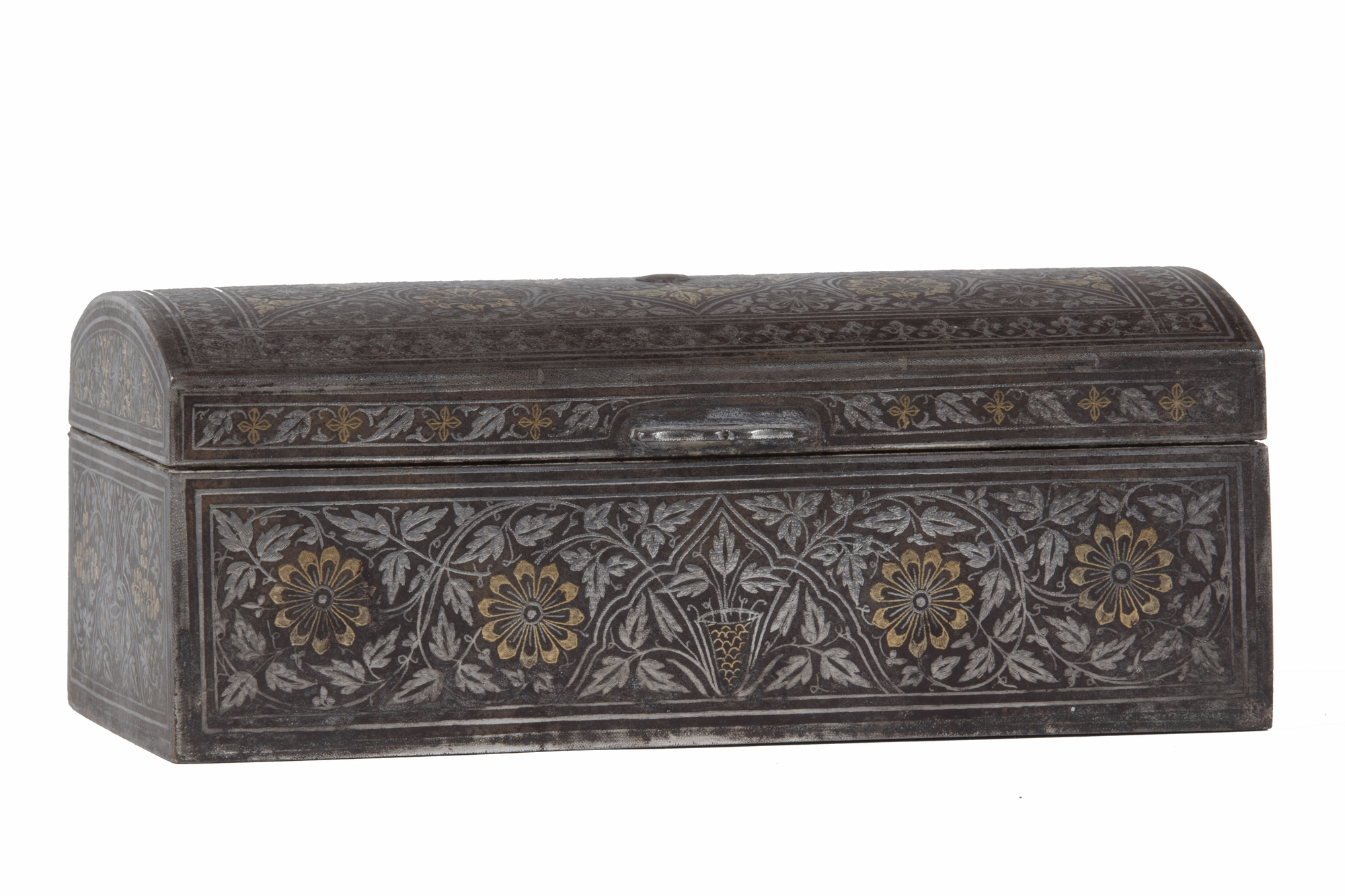AN INDIAN GILT DECORATED METAL BOX, INDIA, CIRCA 1900