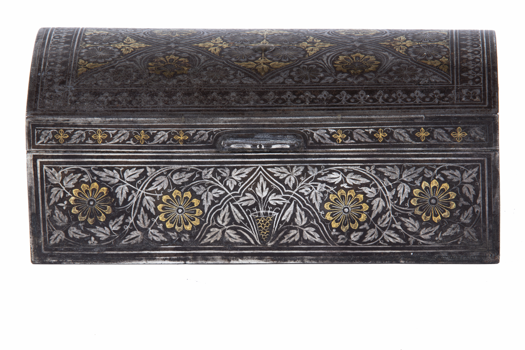 AN INDIAN GILT DECORATED METAL BOX, INDIA, CIRCA 1900
