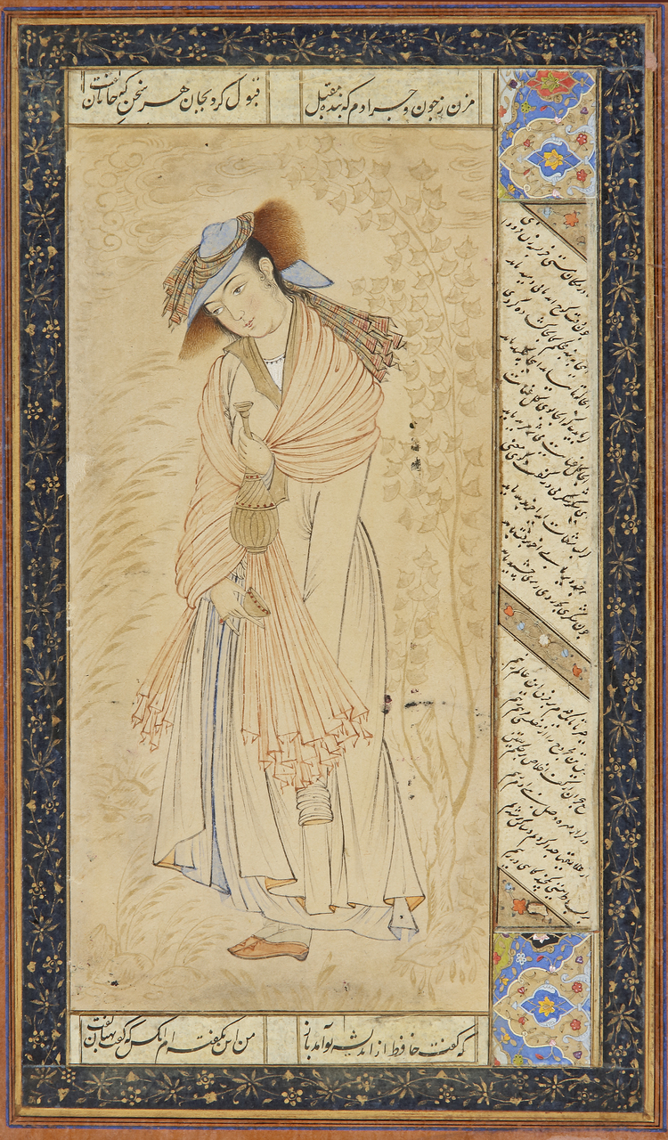 A STANDING PRINCE WITH A WINE BOTTLE AND CUP, PERSIA, SAFAVID STYLE ...