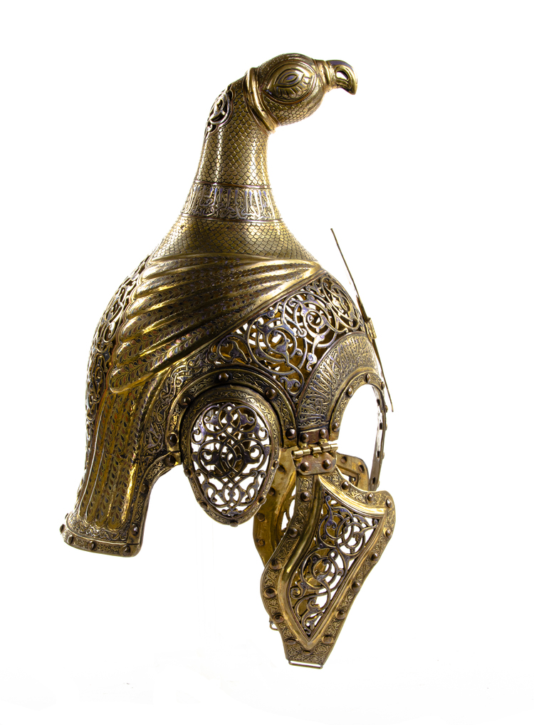 A GILT AND SILVER INLAID BRONZE MAMLUK STYLE HELMET, 20TH CENTURY