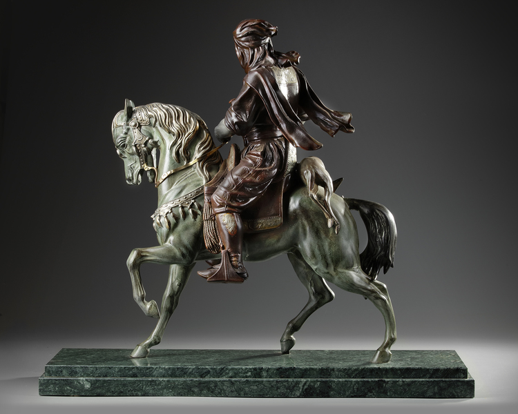 A BRONZE STUDY OF AN ARAB HUNTER ON HORSEBACK, FRANCE, 19TH-20TH CENTURY