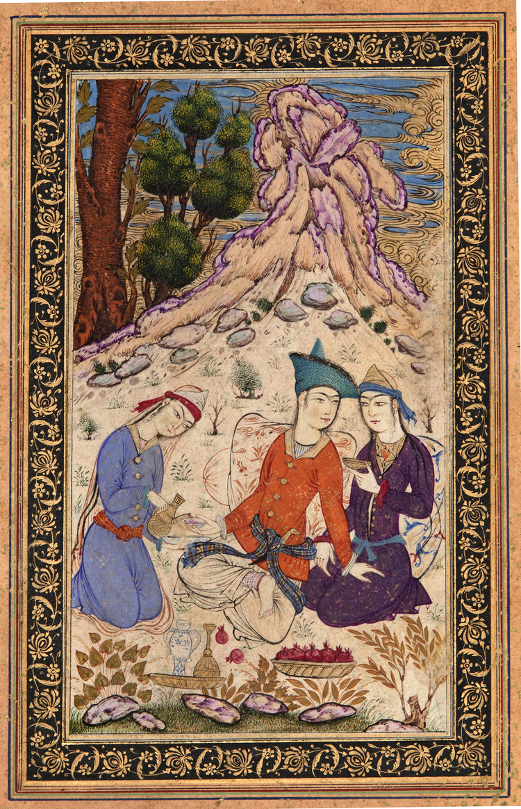 A SEATED YOUTH WITH A WINE CUP, PERSIA, SAFAVID STYLE, 19TH CENTURY