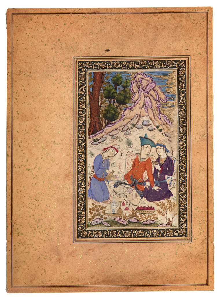 A SEATED YOUTH WITH A WINE CUP, PERSIA, SAFAVID STYLE, 19TH CENTURY