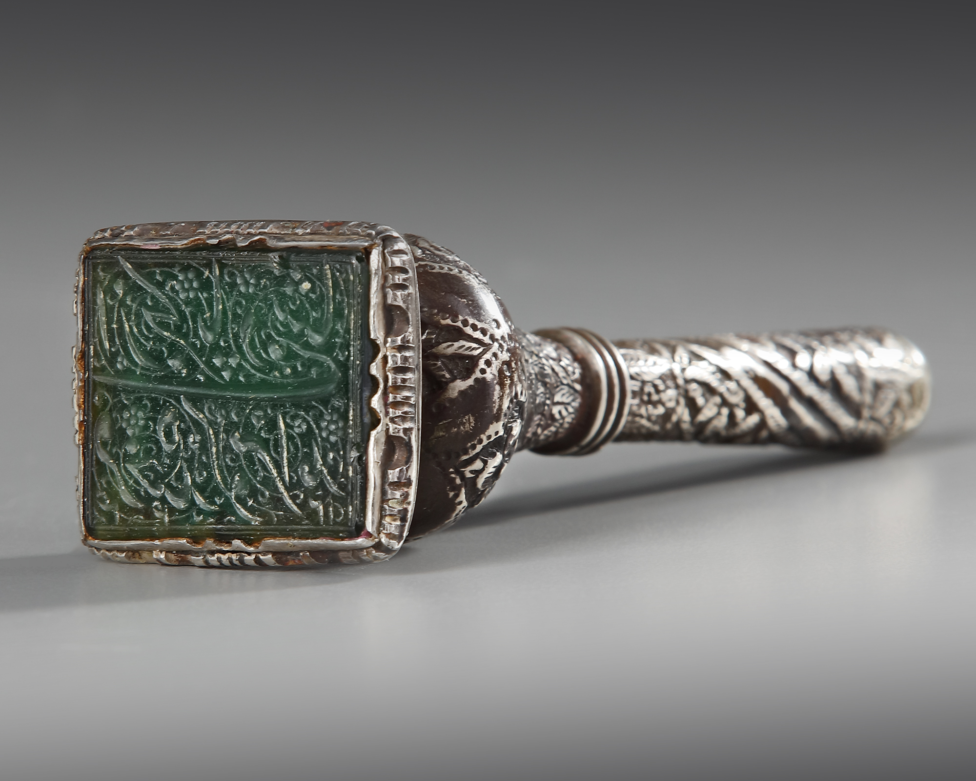 A SILVER- WITH SQUARE HARD-STONE SEAL, PERSIA, 19TH CENTURY