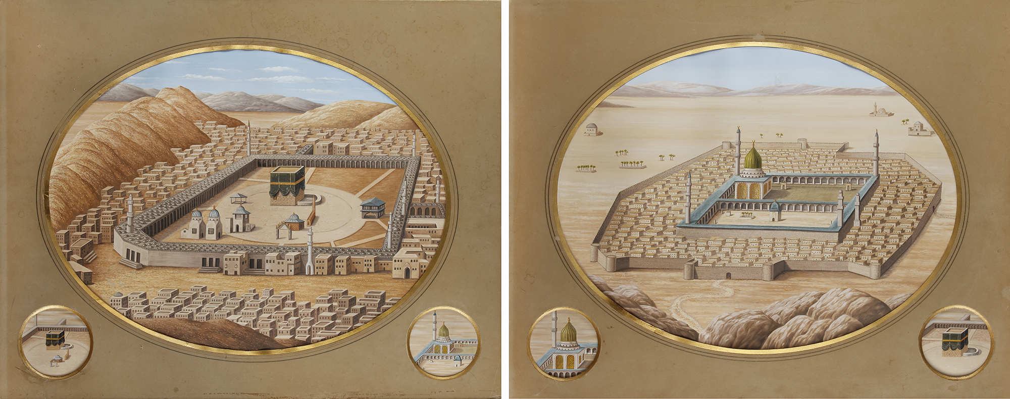 A PAIR OF LARGE PAINTINGS DEPICTING MECCA AND MEDINA, OTTOMAN TURKEY ...