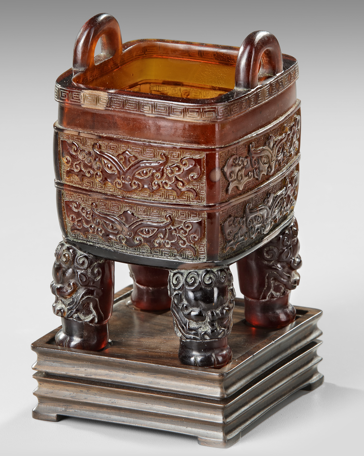 A CHINESE GLASS CENSER WITH TAOTIE DECORATION ON A STAND, QING DYNASTY ...