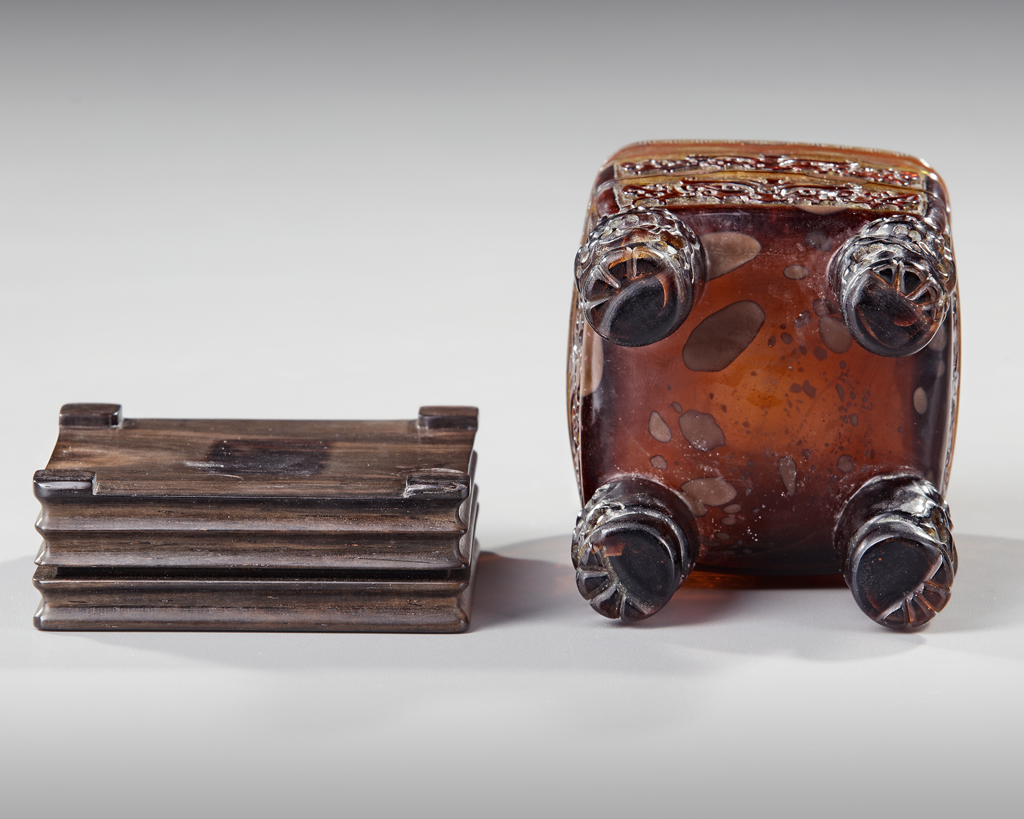 A CHINESE GLASS CENSER WITH TAOTIE DECORATION ON A STAND, QING DYNASTY ...