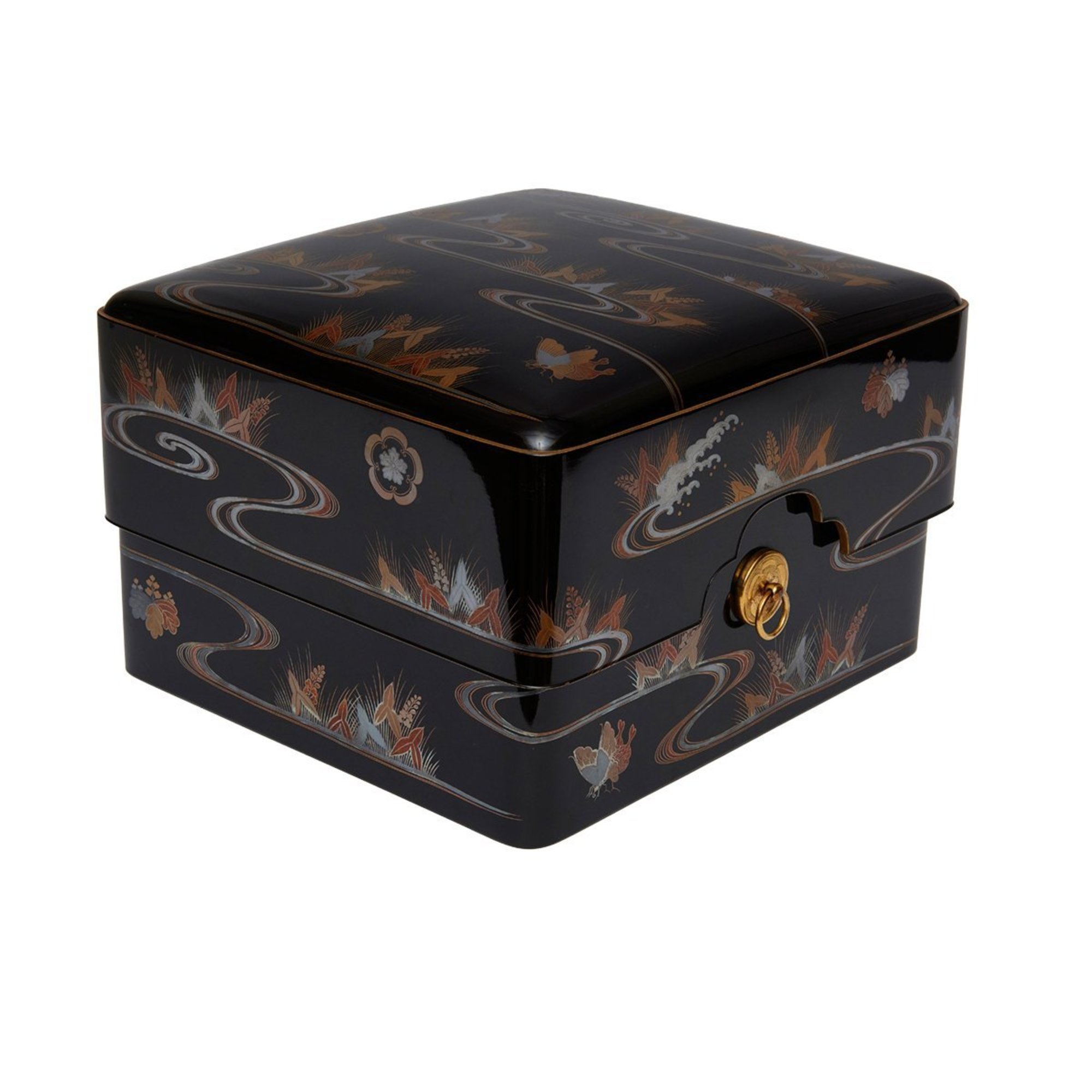 A JAPANESE BLACK LACQUERED BOX WITH A CURVED LID, TAISHO PERIOD (1912-1926)