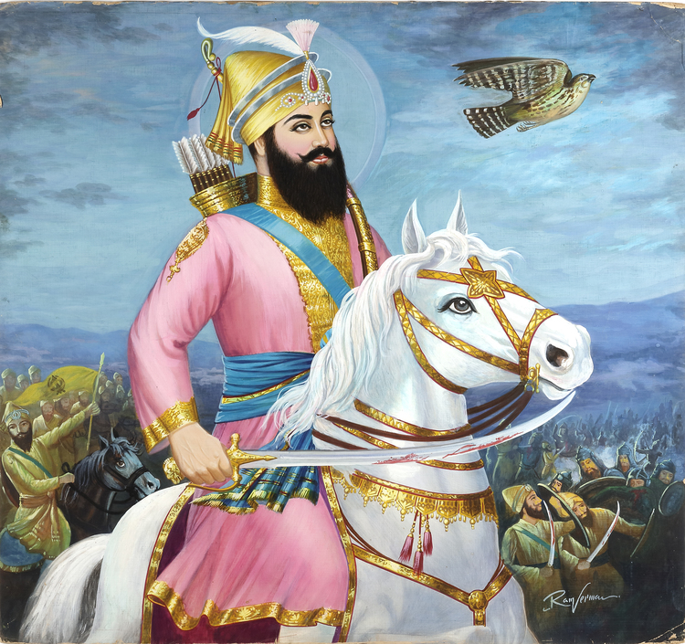 GURU GOBIND SINGH (1575- 1708) RIDING A HORSE HOLDING A SWORD, BY THE ...
