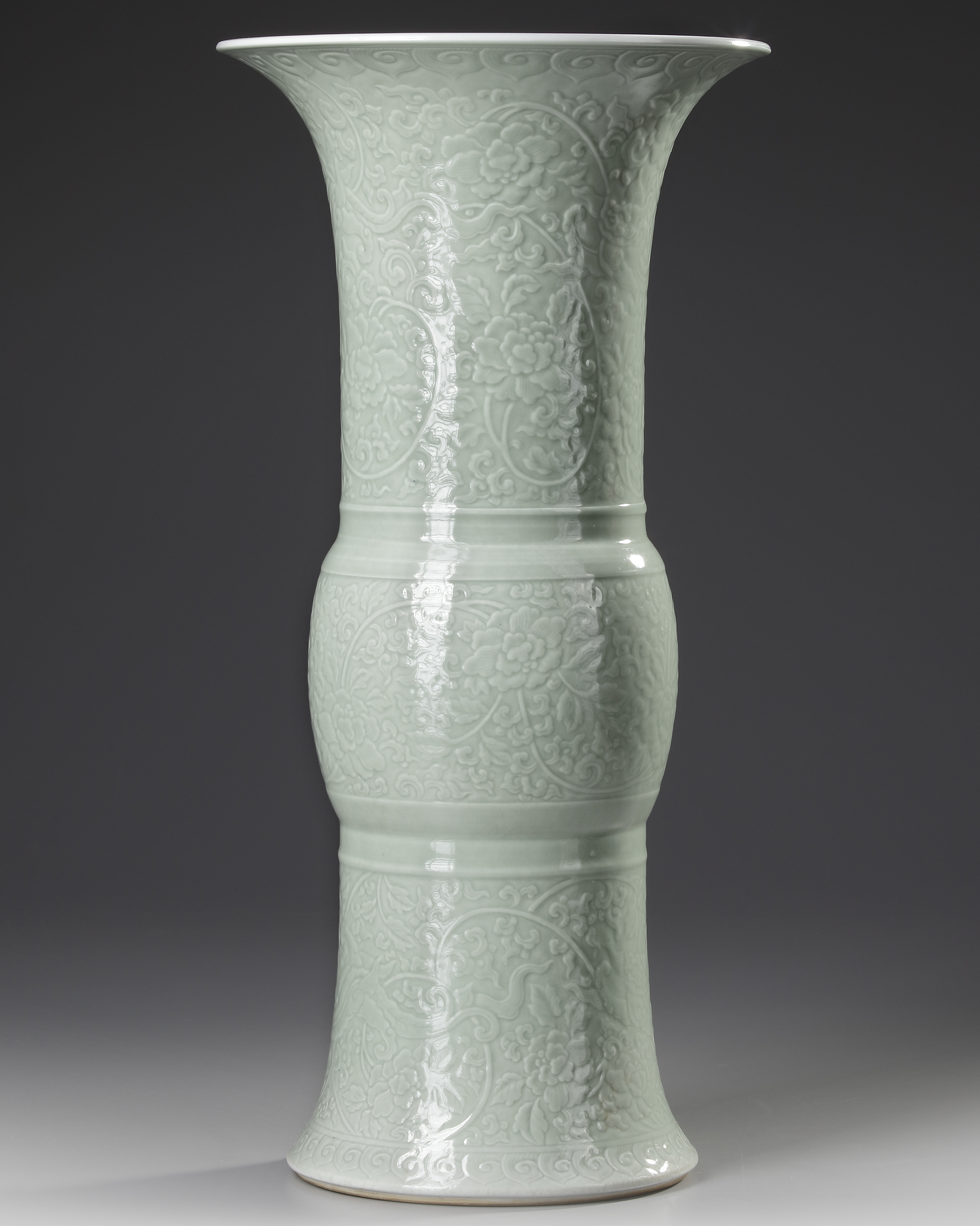 A LARGE CHINESE CELADON-GLAZED BEAKER VASE, GU, QING DYNASTY