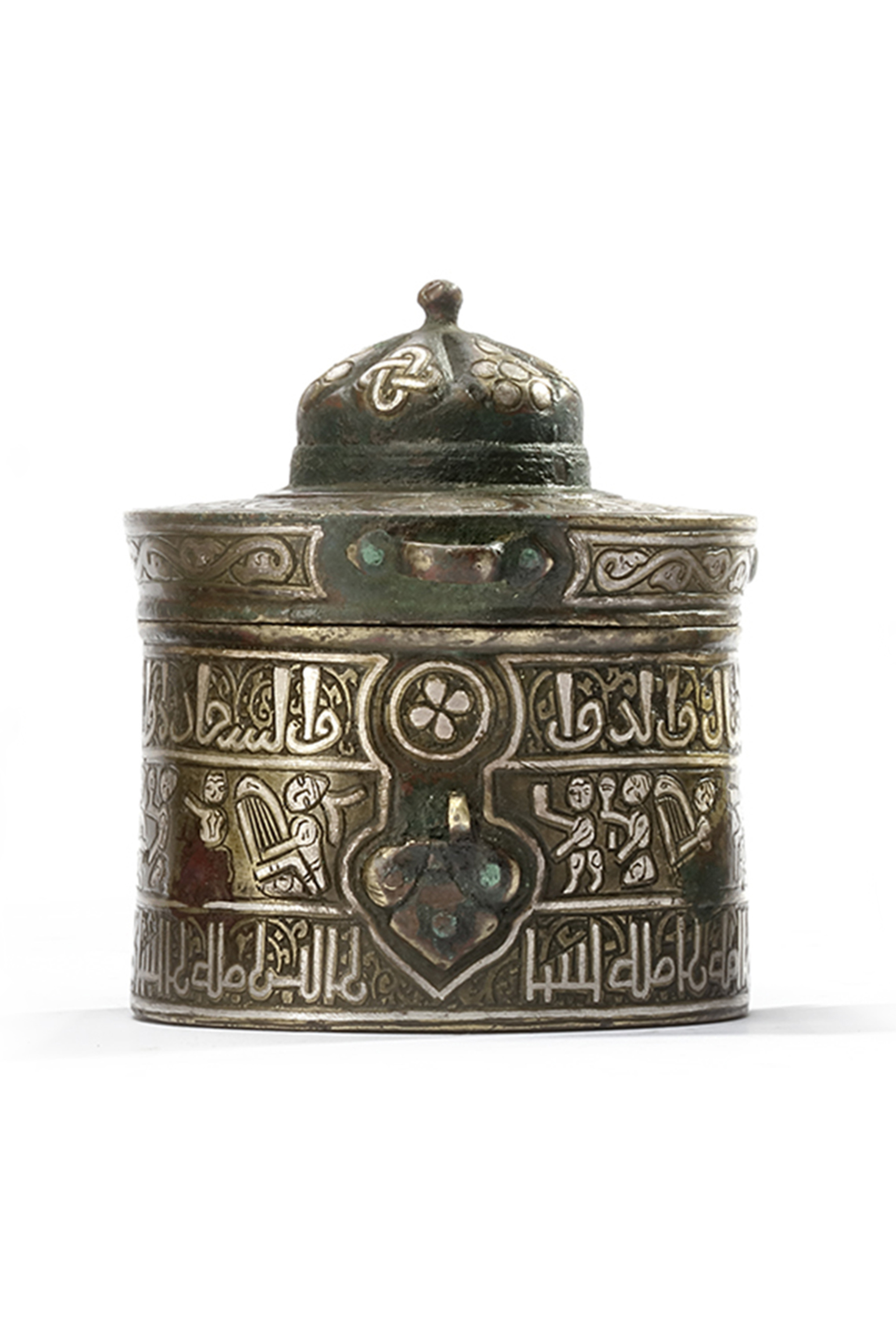 A KHURASAN SILVER- INLAID BRONZE INKWELL,12TH-13TH CENTURY