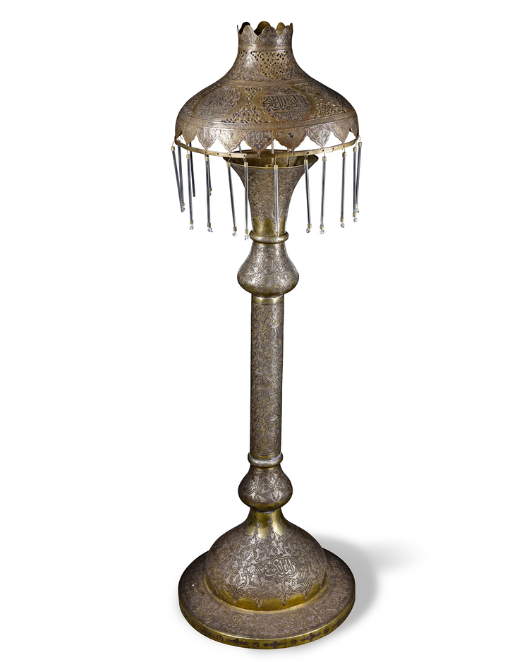 A LARGE ISLAMIC SILVER AND COPPER INLAID LAMP, SYRIA, DAMASCUS, 19TH ...