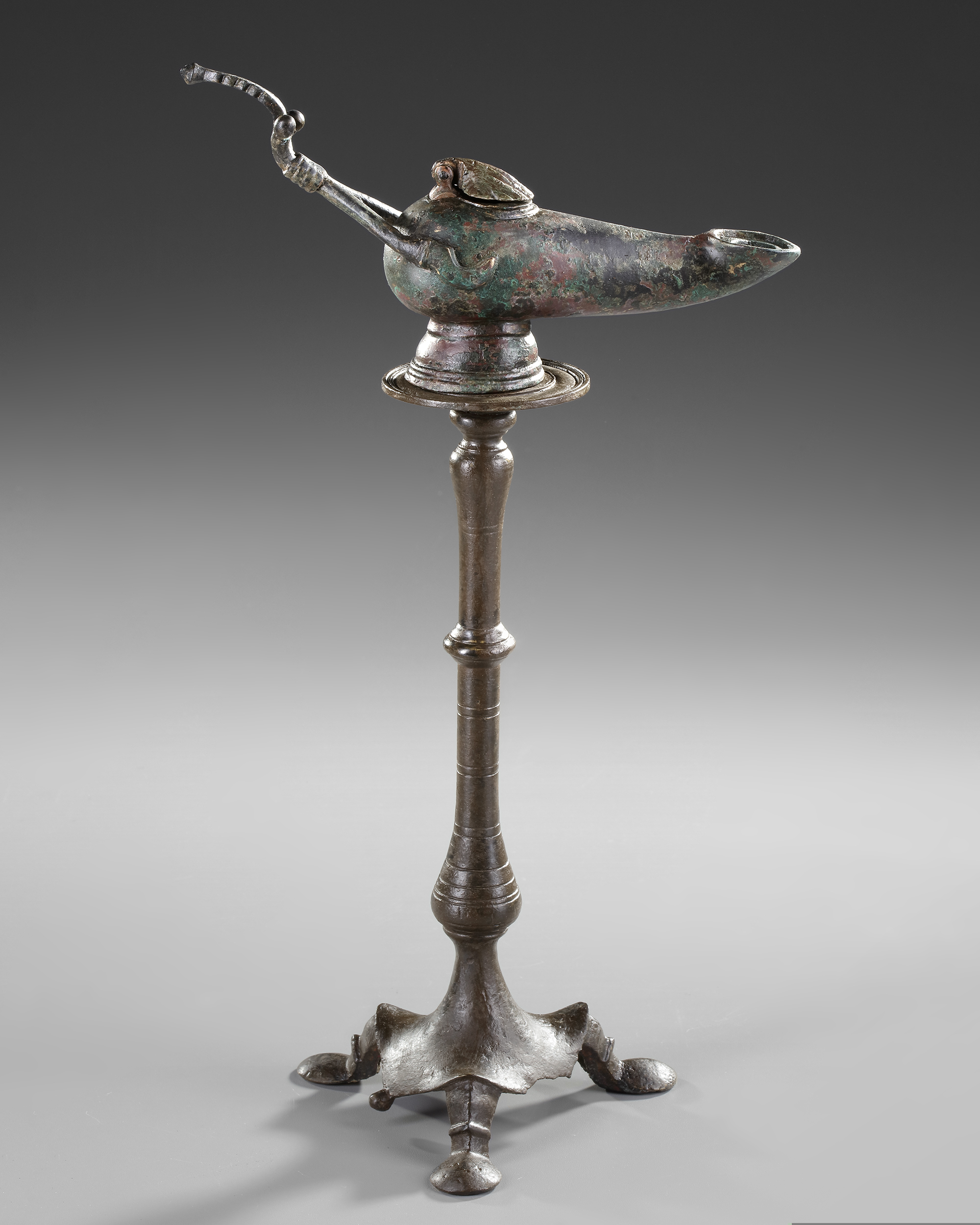 A ROMAN BRONZE LAMP WITH CANDELABRA, 2ND CENTURY AD