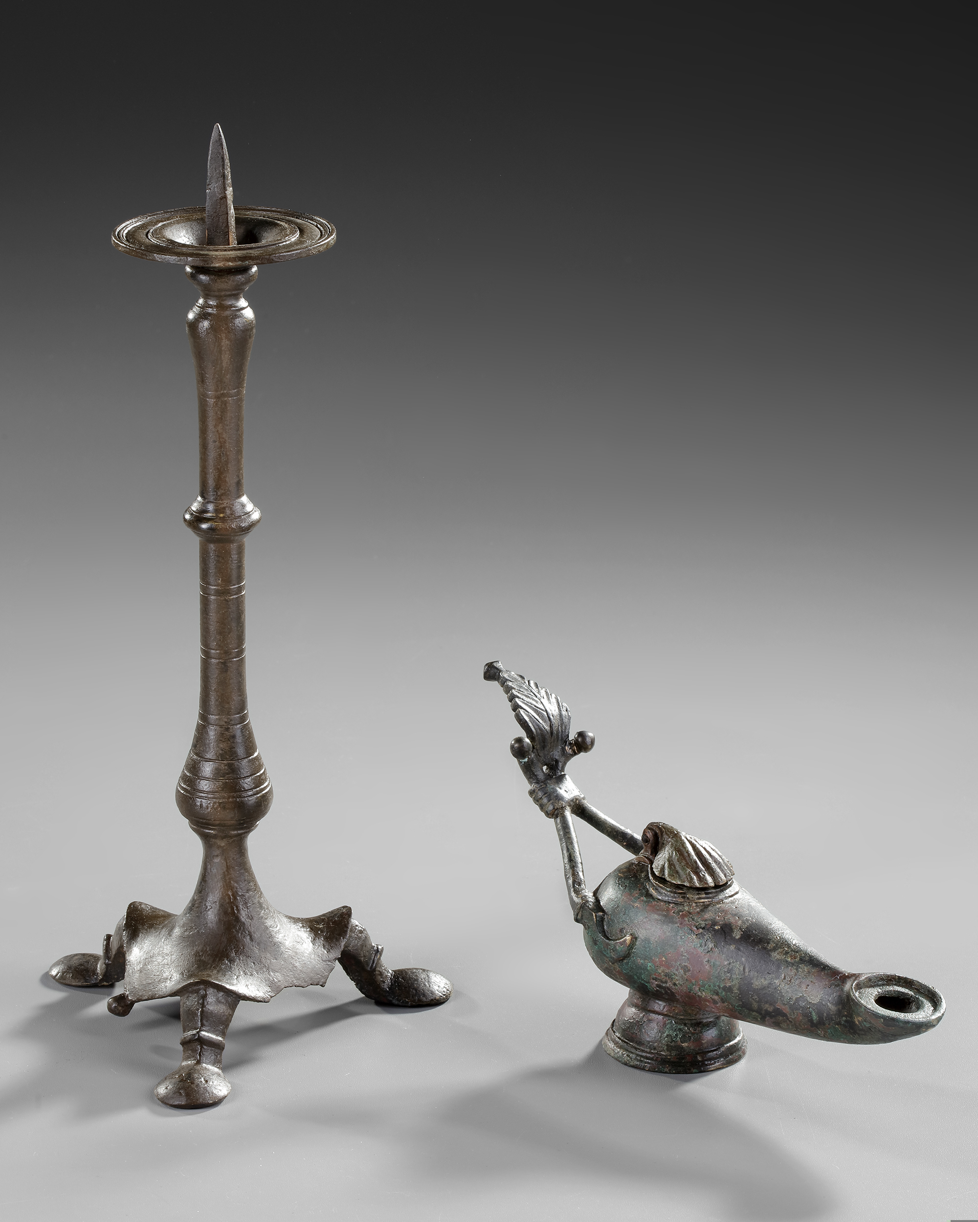 A ROMAN BRONZE LAMP WITH CANDELABRA, 2ND CENTURY AD