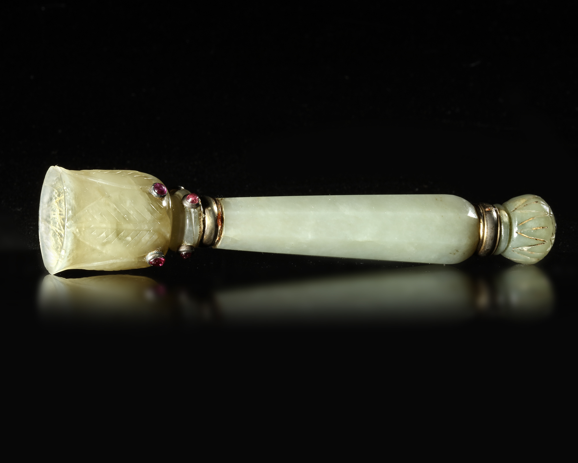 A MUGHAL GEM-SET CARVED JADE FLY WHISK, INDIA, 18TH CENTURY