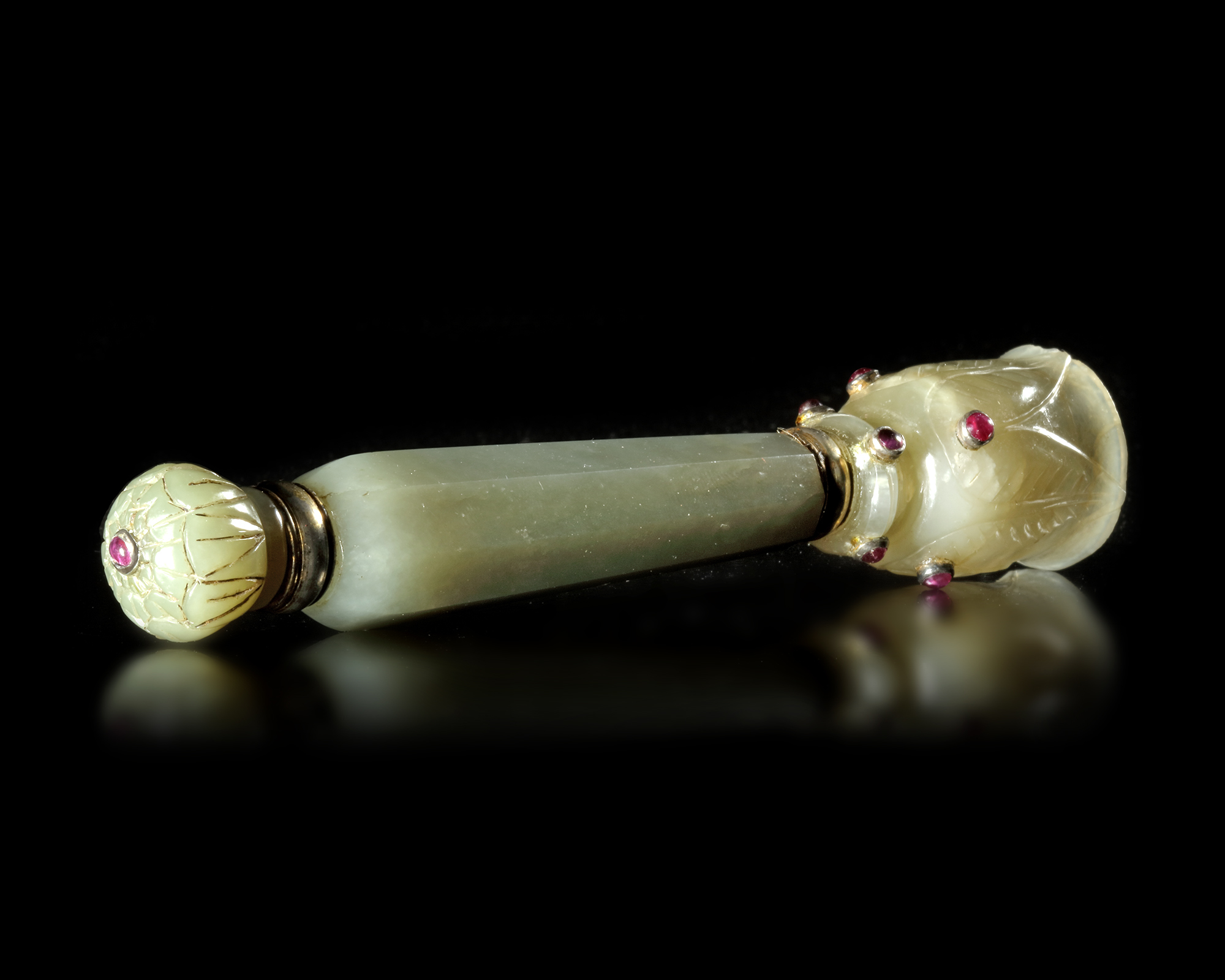A MUGHAL GEM-SET CARVED JADE FLY WHISK, INDIA, 18TH CENTURY