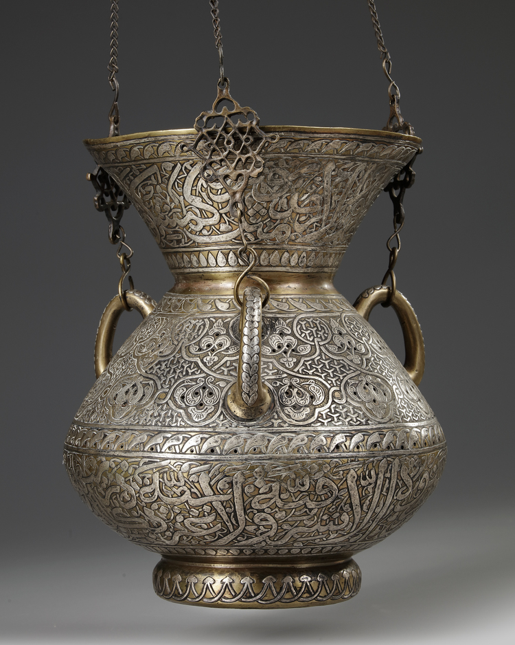 A MAMLUK-STYLE SILVER INLAID BRASS MOSQUE LAMP, SYRIA OR EGYPT 19TH CENTURY