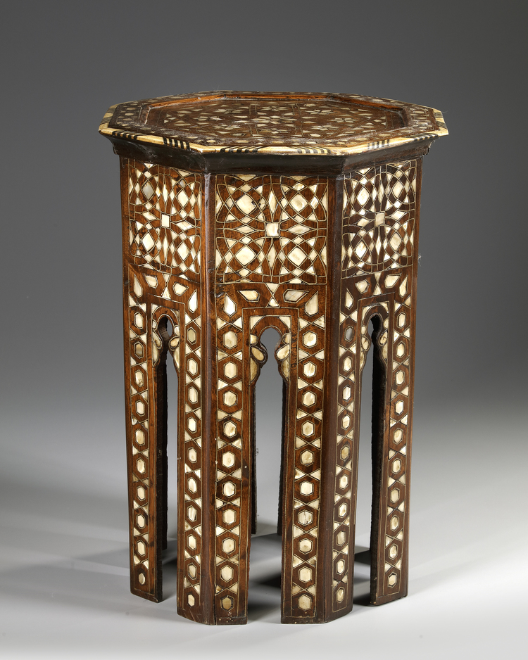 AN OTTOMAN WOOD, BONE AND MOTHER-OF-PEARL INLAID OCTAGONAL TABLE, SYRIA ...