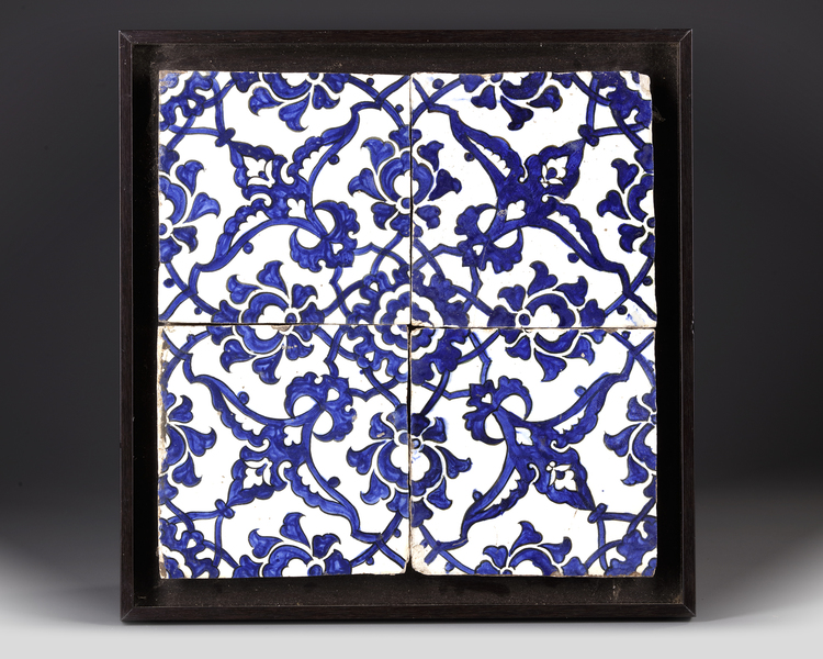 A PANEL OF FOUR DOME OF THE ROCK' POTTERY TILES, SYRIA, 16TH CENTURY
