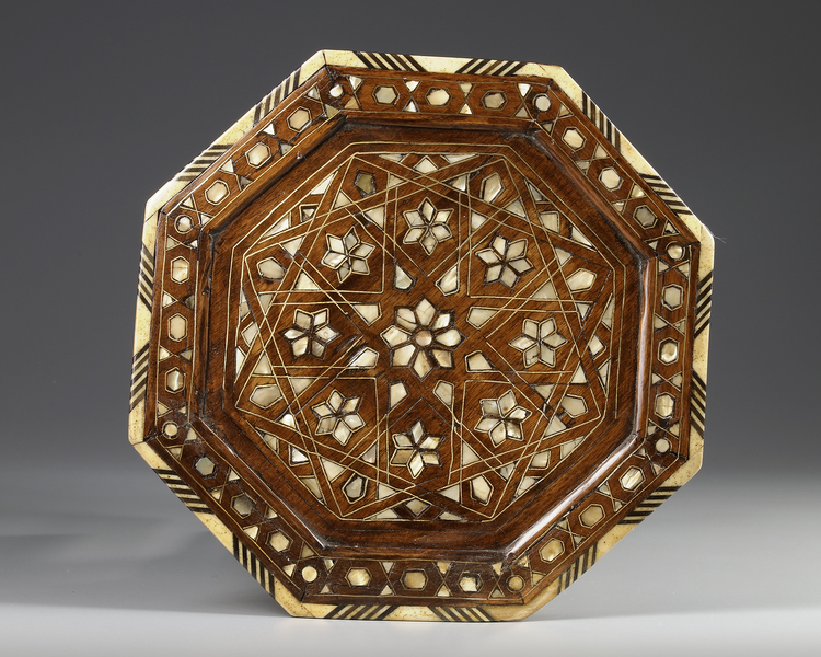 AN OTTOMAN WOOD, BONE AND MOTHER-OF-PEARL INLAID OCTAGONAL TABLE, SYRIA ...