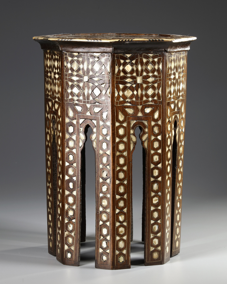 AN OTTOMAN WOOD, BONE AND MOTHER-OF-PEARL INLAID OCTAGONAL TABLE, SYRIA ...