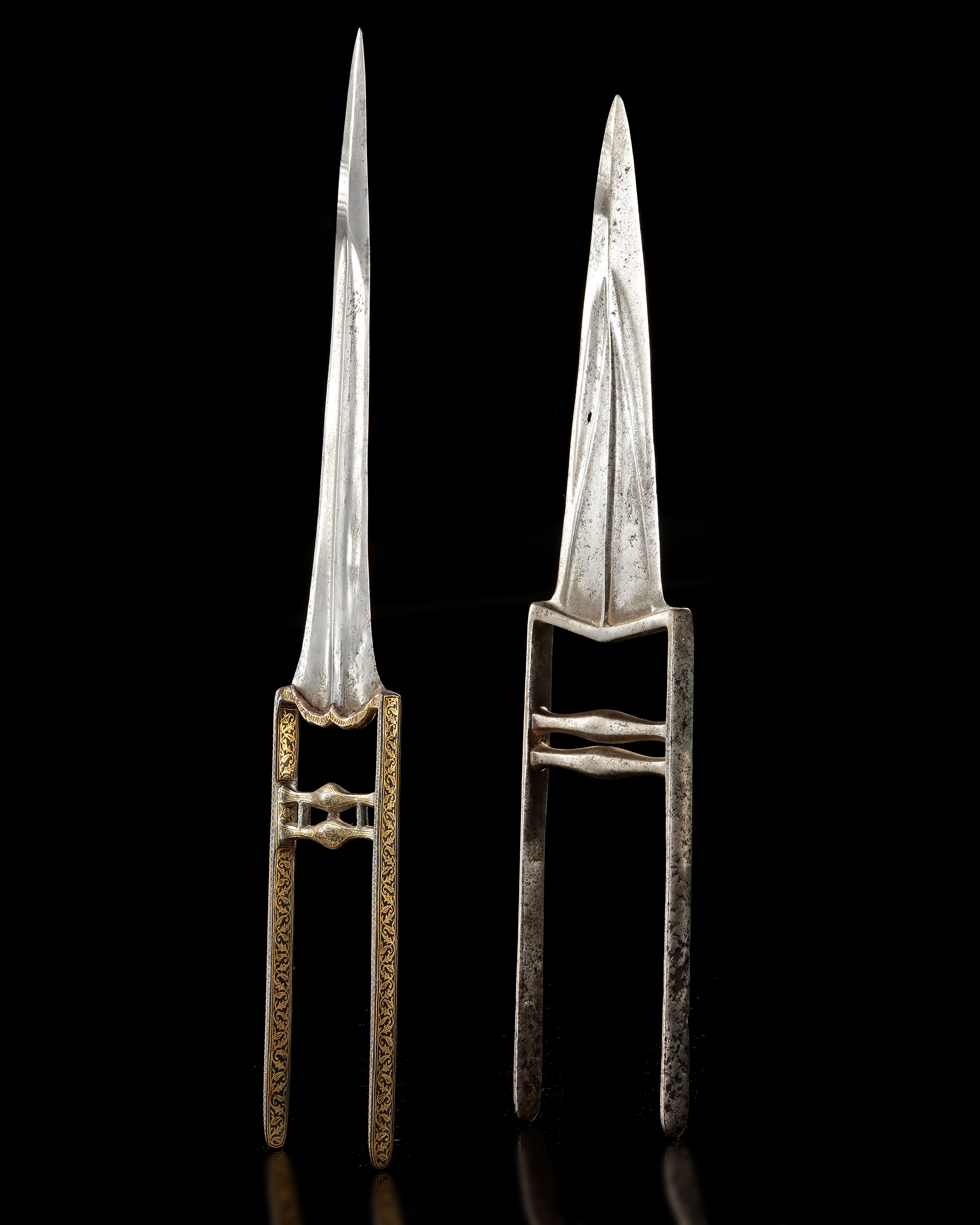 TWO KOFTGARI STEEL PUSH DAGGERS (KATAR) NORTH INDIA, 18TH CENTURY