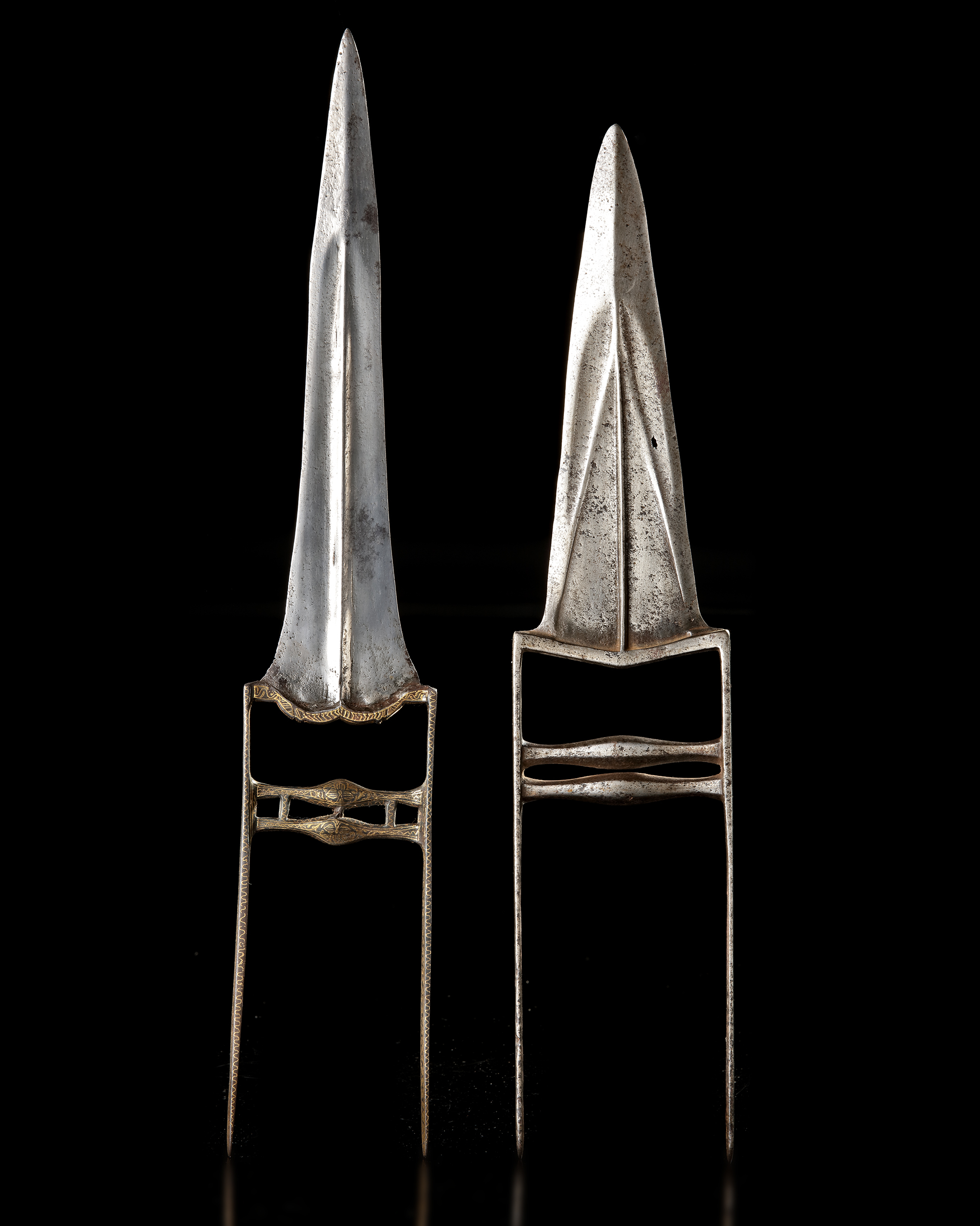 TWO KOFTGARI STEEL PUSH DAGGERS (KATAR) NORTH INDIA, 18TH CENTURY