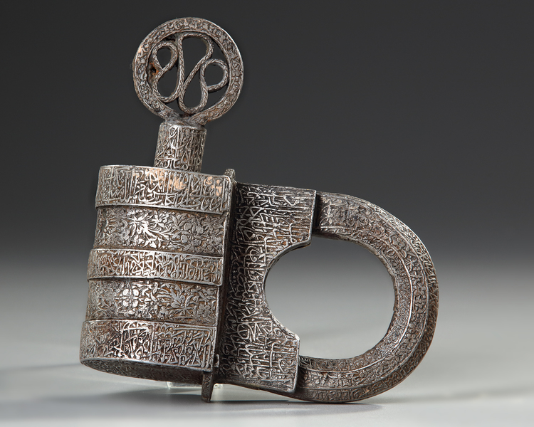 A SILVER INLAID METAL LOCK AND KEY, 20TH CENTURY