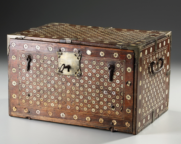 AN INDO-PORTUGUESE WOODEN AND BONE INLAID CHEST, GOA, 17TH CENTURY